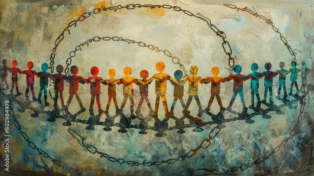Colorful painting of a circle of people holding hands with chains ...
