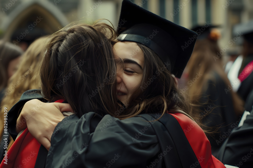 Two students in graduation gowns celebrating graduation. The graduates ...