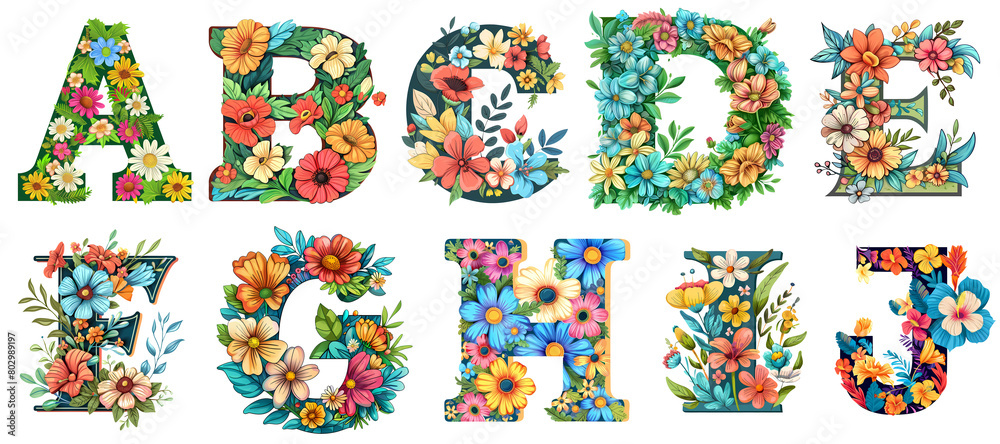flowers alphabet Clipart floral abc Bundle, png, genrated ai Stock ...