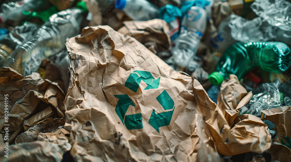 A close-up photograph of crumpled brown paper featuring a green ...