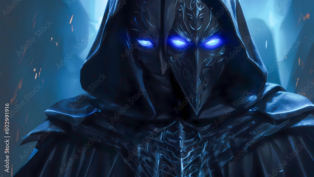 Mysterious and eerie villain wearing a black cloak and mask with ...