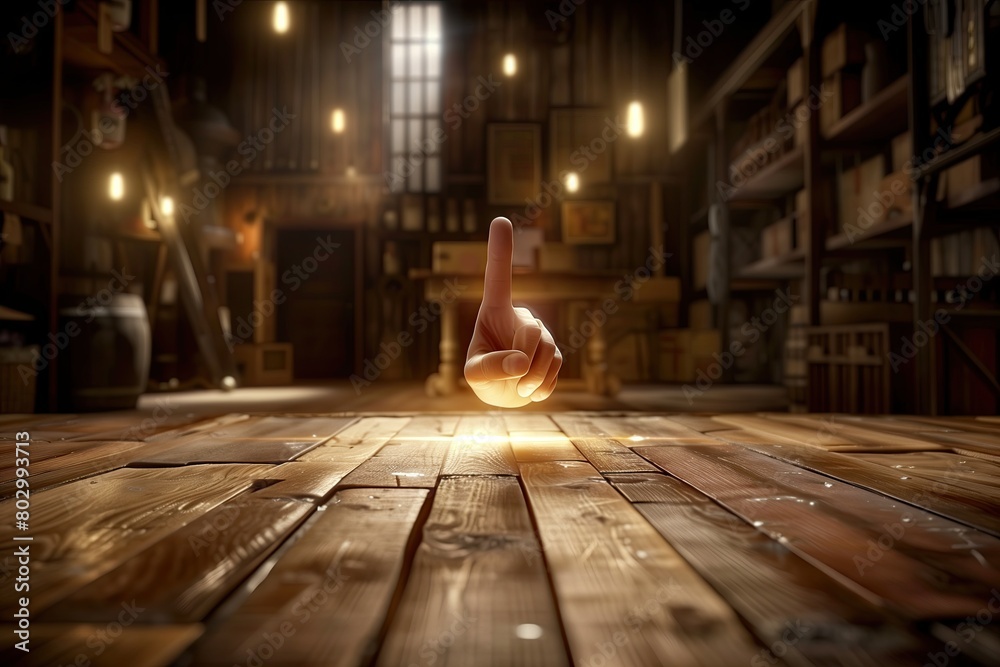 A hand with the index finger pointing at an object on a wooden floor of ...