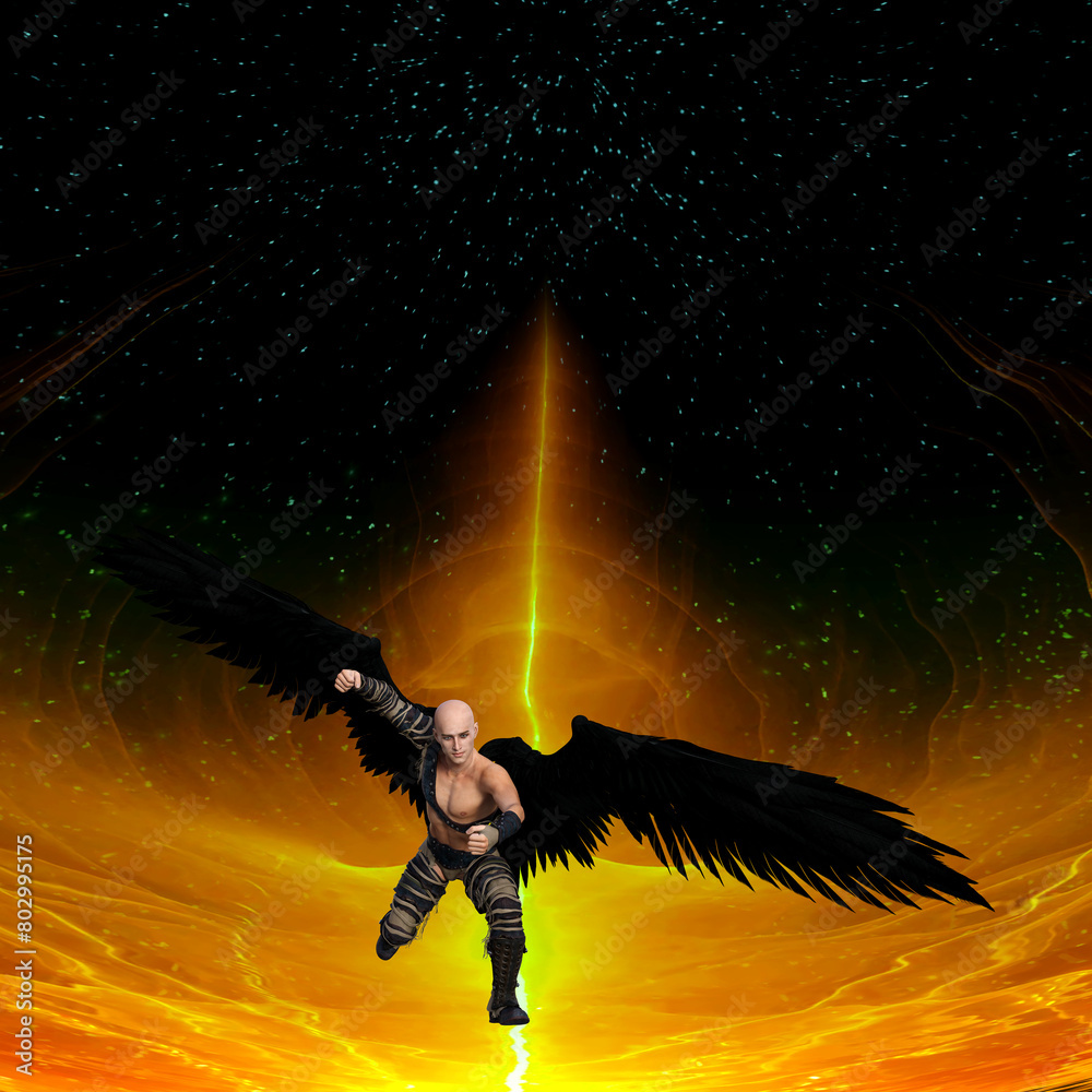 Illustration of a strong angel with black wings and clenched fists ...