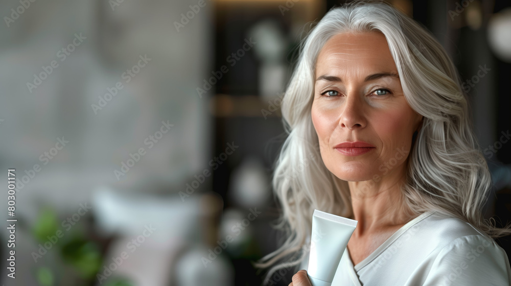 An elegant and confident older woman holding a generic tube of body and ...