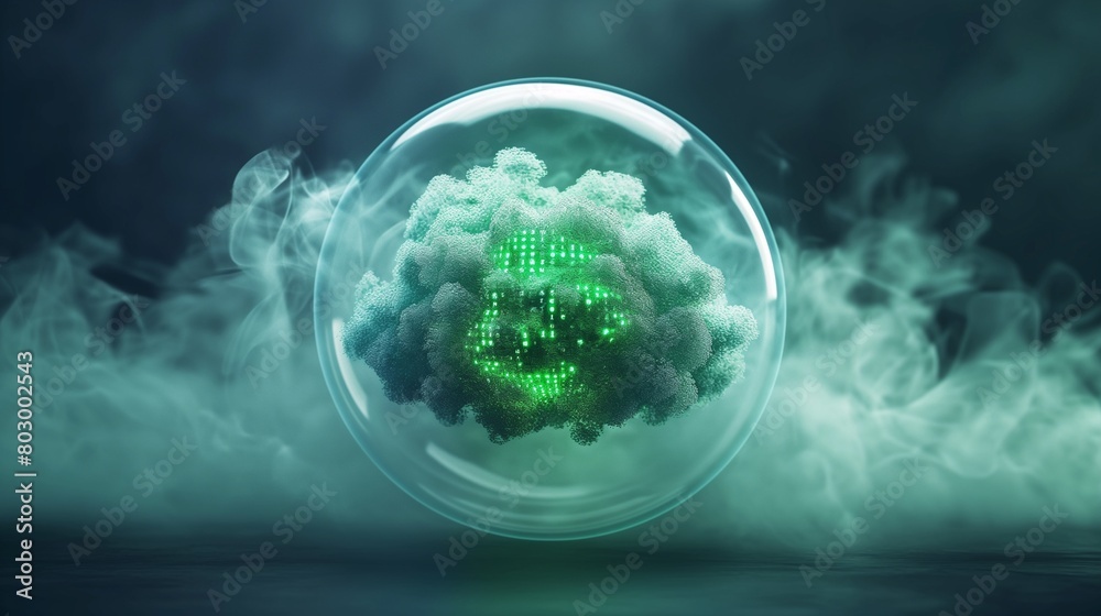 A cloud with a core of glowing green digital code, encapsulated by a ...