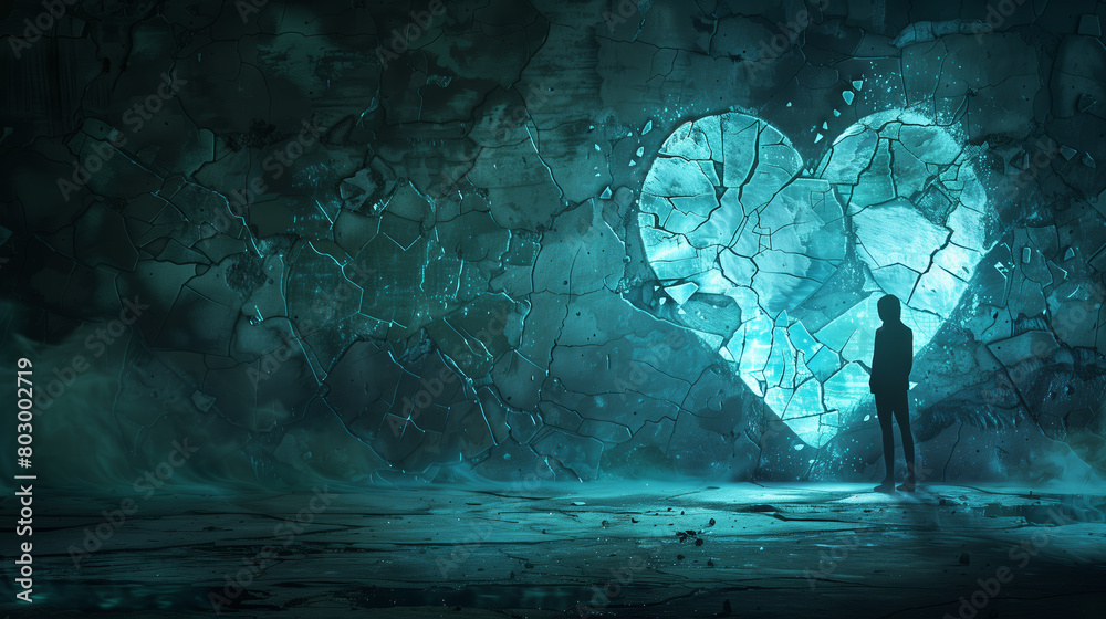 Shattered heart symbol with cracks, against a dark background. A lone ...