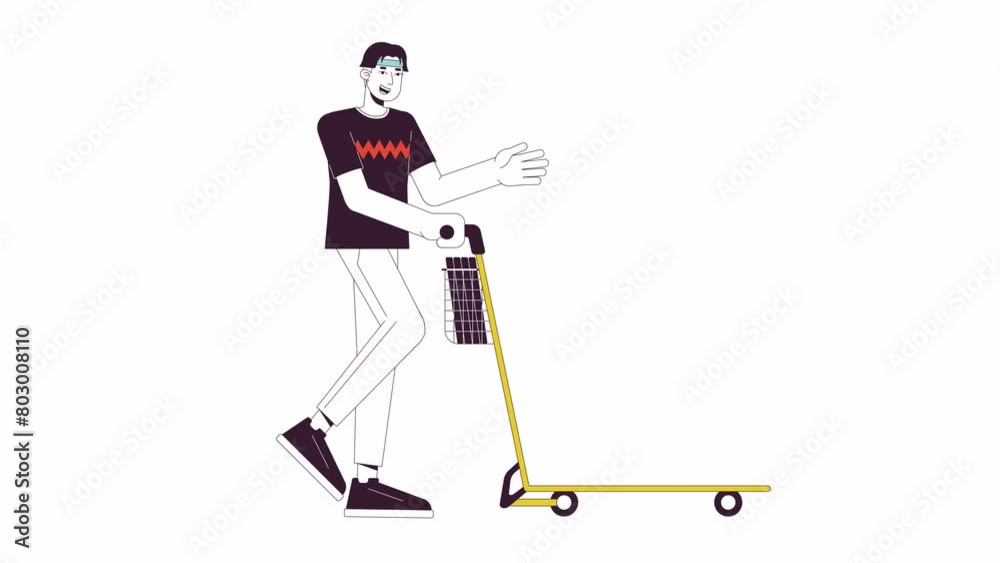 Asian man pushing luggage cart line 2D character animation. In airport ...