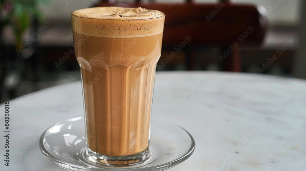 Frothy glass of teh tarik, traditional malaysian pulled tea, served on a white table, capturing ...