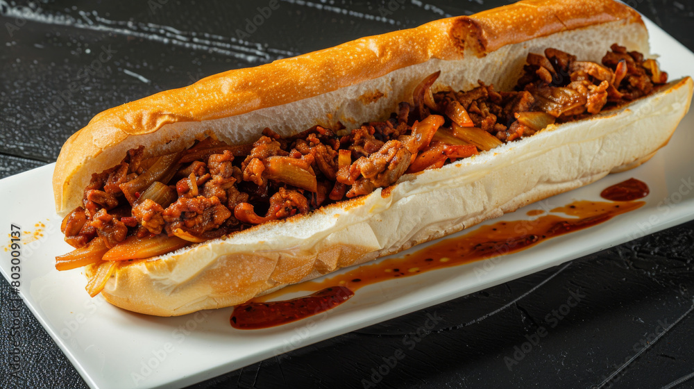 Tasty malaysian chicken satay sub sandwich presented on a white plate ...