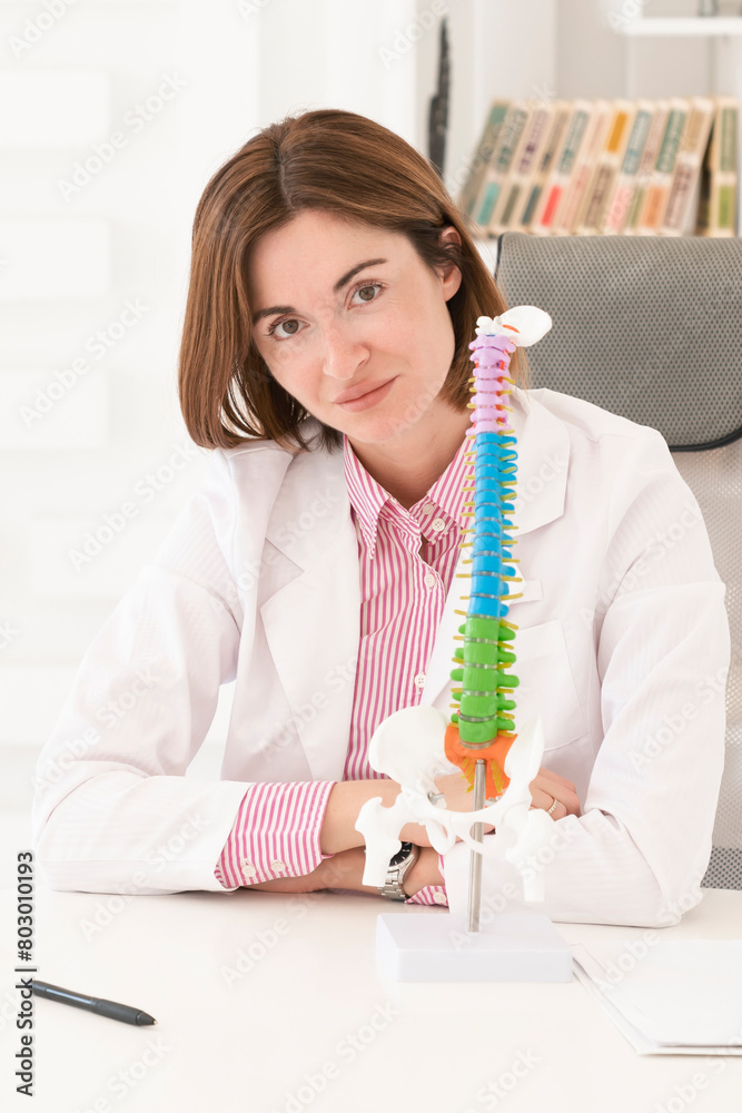 Young attractive female doctor orthopedist demonstrating the problem on ...