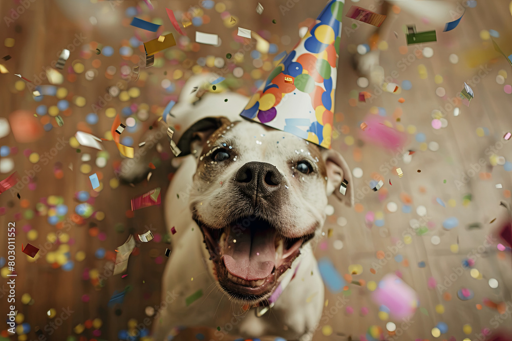 Happy cute dog wearing a party hat celebrating at a birthday party ...
