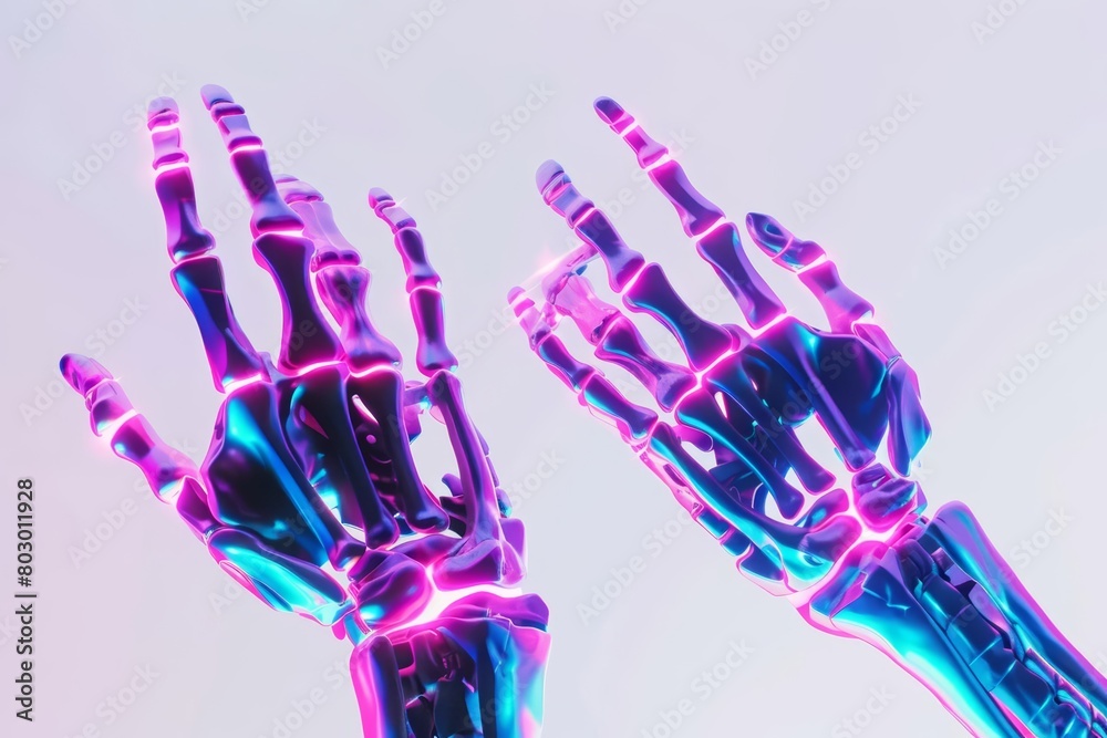 A pair of skeletal hands, made of metal, are held up in front of a ...