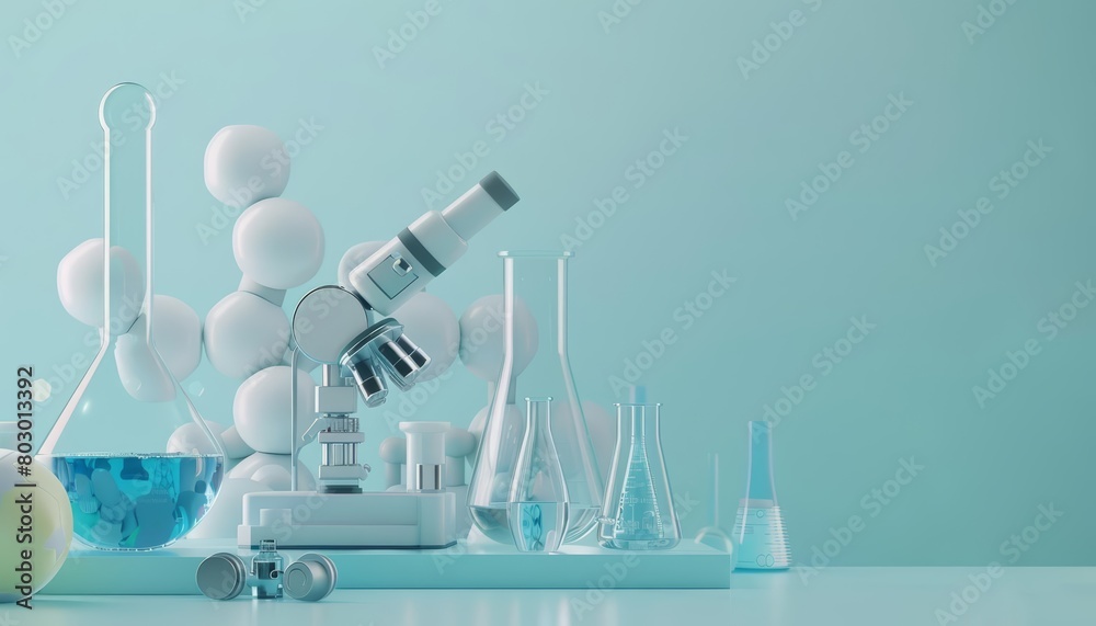 Lab equipment sits on a table. The background is pale blue. The ...