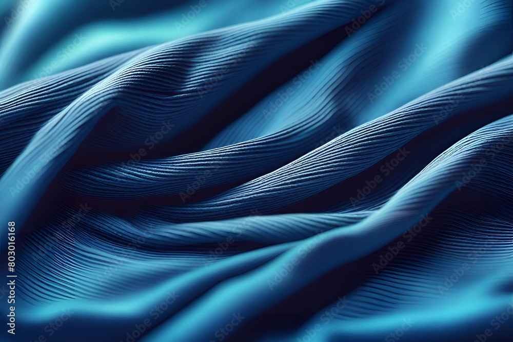 Abstract fabric texture background, close up picture of purssian blue color thread, macro image ...