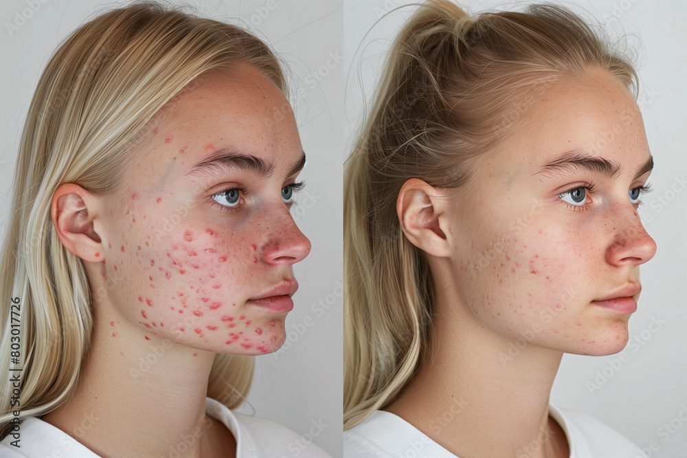 Before After of blonde teenage girl with blemishes scar inflamed acne ...