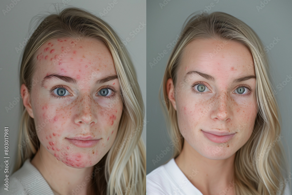 Before After blonde teenager girl with red blemish scar inflamed acne ...