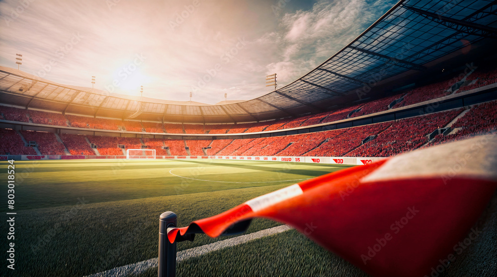 A Red flag at one corner of football stadium and soccer corner of a ...