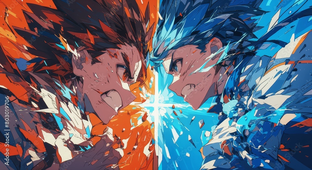 A vibrant anime-style battle scene between two characters, one with ...