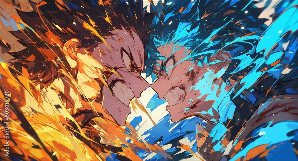 A vibrant anime-style battle scene between two characters, one with ...