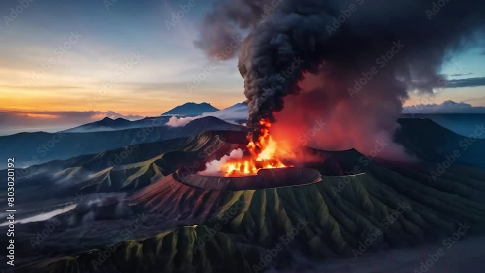 volcano eruption with massive high bursts of lava and hot clouds ...