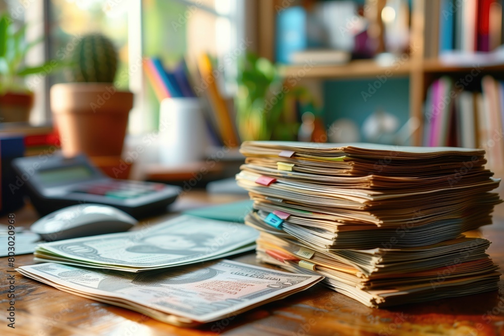 A stack of bills and receipts arranged neatly on a desk next to a ...