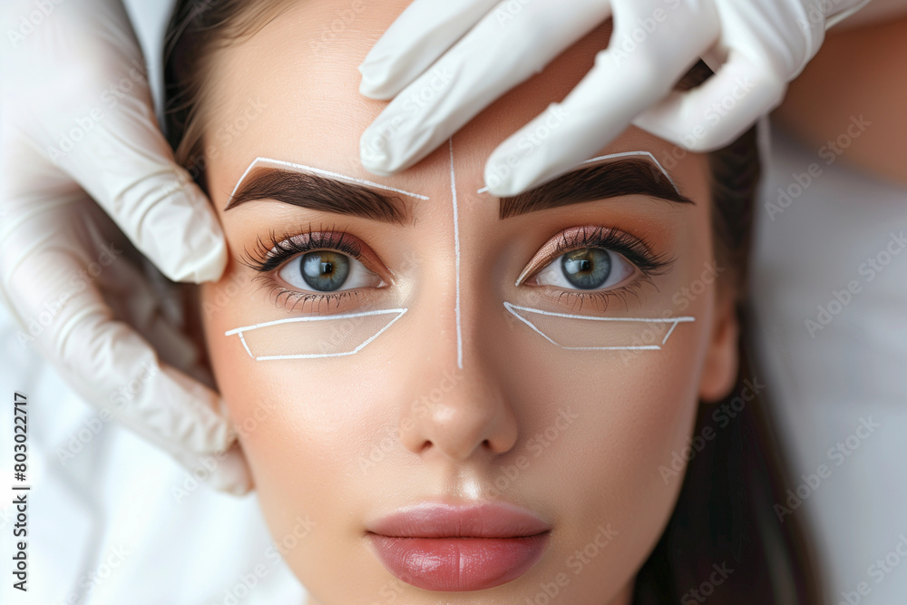 Latex glove finger hands measure eyebrow micro-blading guide outline on ...