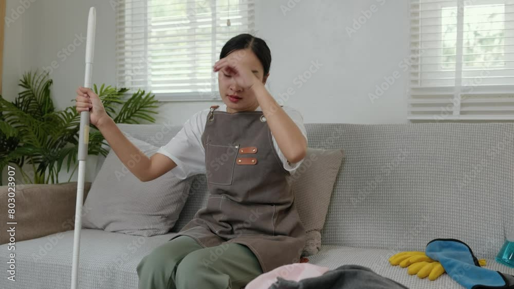 this woman was feeling exhausted from overworking because had to do housework all morning, an ...