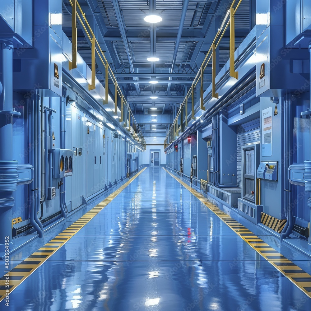 Cold, blue toned depiction of an ice cream factory with production ...