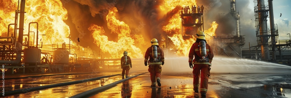 Intense, action packed scene of a firefighting team at an oil refinery ...