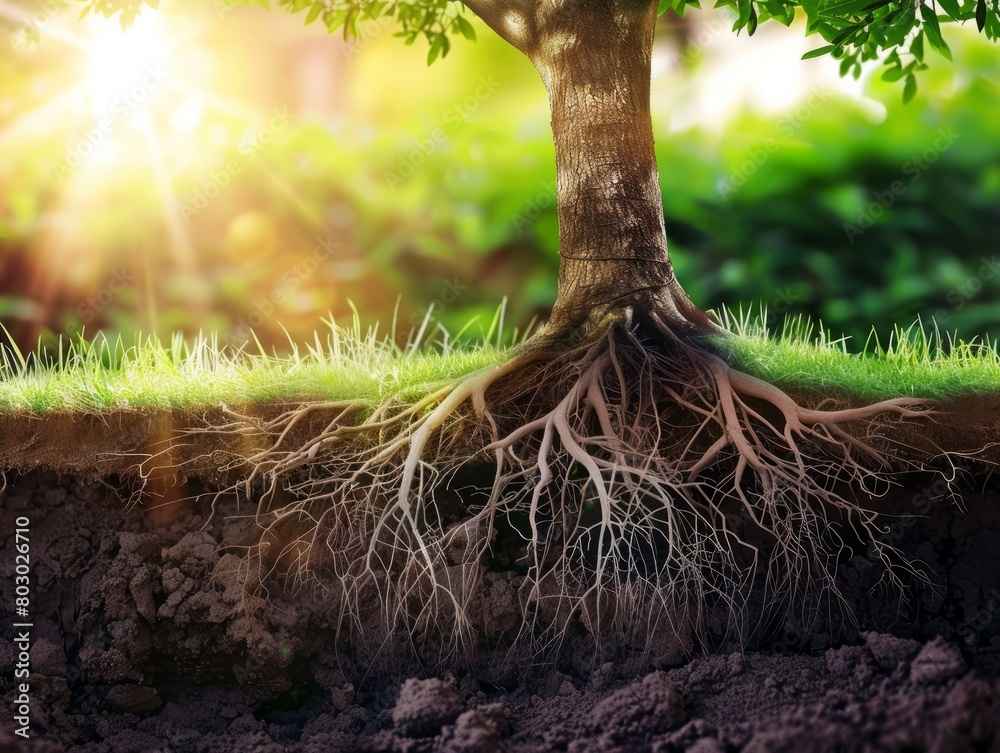 Dramatic view of a tree with a full exposure of its intricate root ...