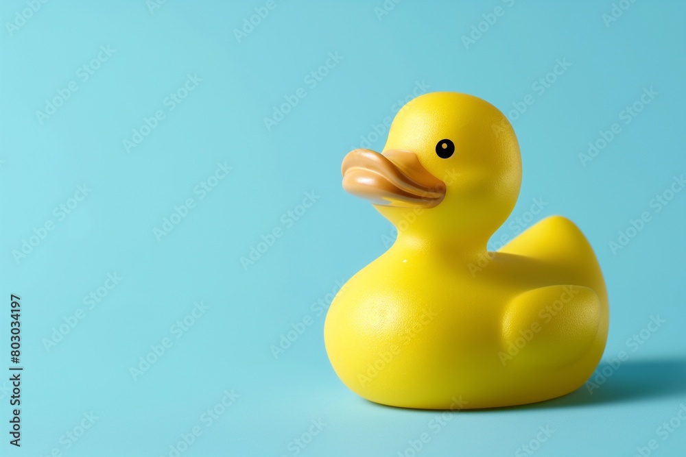 A bright yellow rubber duck, its cheerful color popping against a clean ...