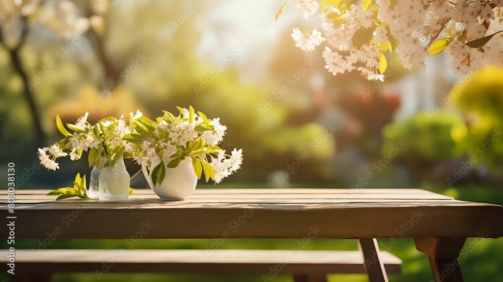 Blooming Spring Table: Sunny Garden Background with Defocused Trees ...