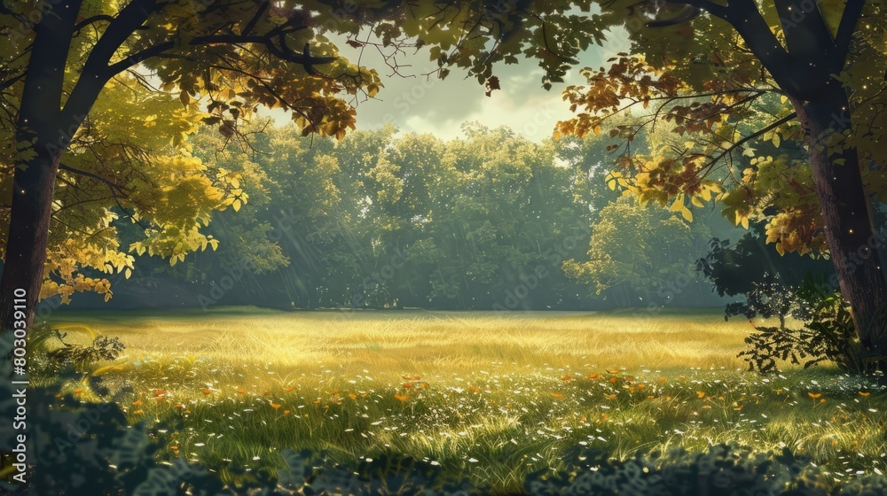 Tree branches full of leaves the come from outside of the picture to ...