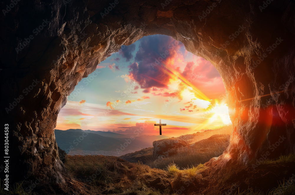 holy saturday,The empty tomb of Jesus Christ with the cross outside at ...
