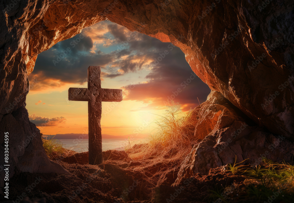 holy saturday,The empty tomb of Jesus Christ with the cross outside at ...