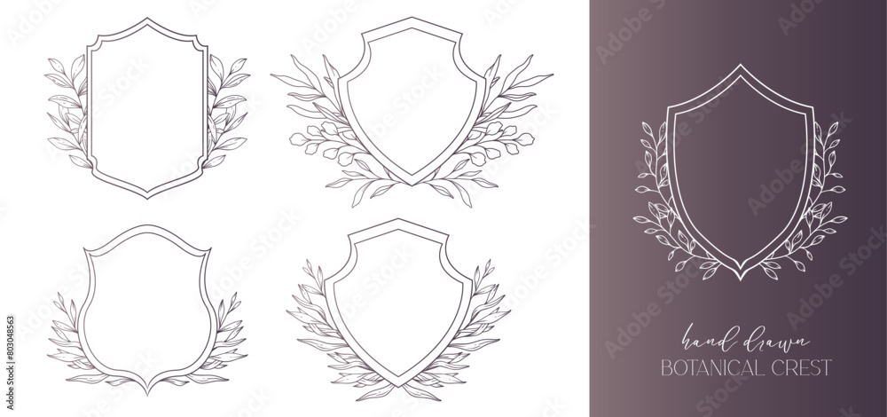 Wedding Crest floral Line Art Design. Botanical Crest Line Drawing ...