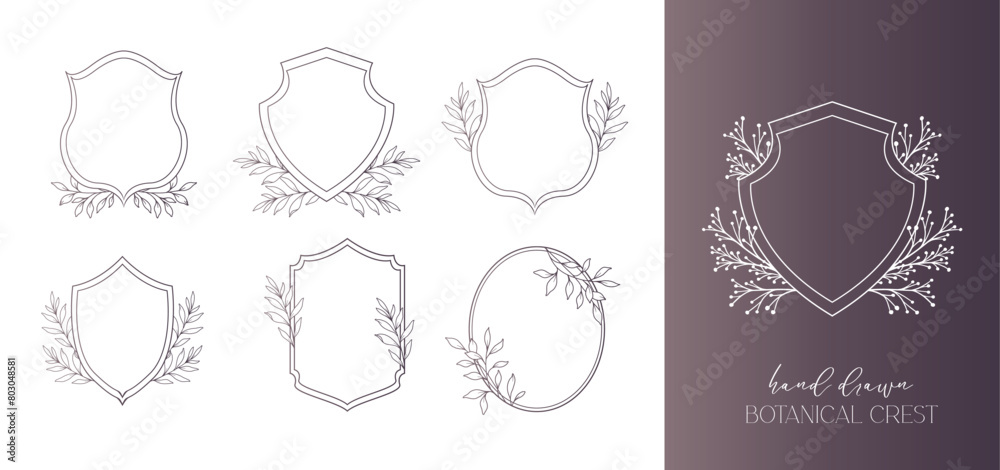 Wedding Crest floral Line Art Design. Botanical Crest Line Drawing ...