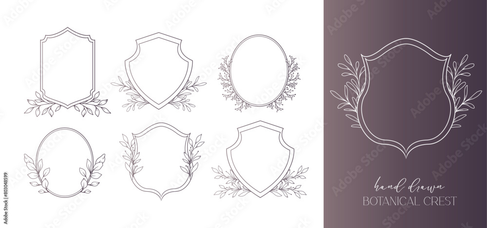 Wedding Crest floral Line Art Design. Botanical Crest Line Drawing ...