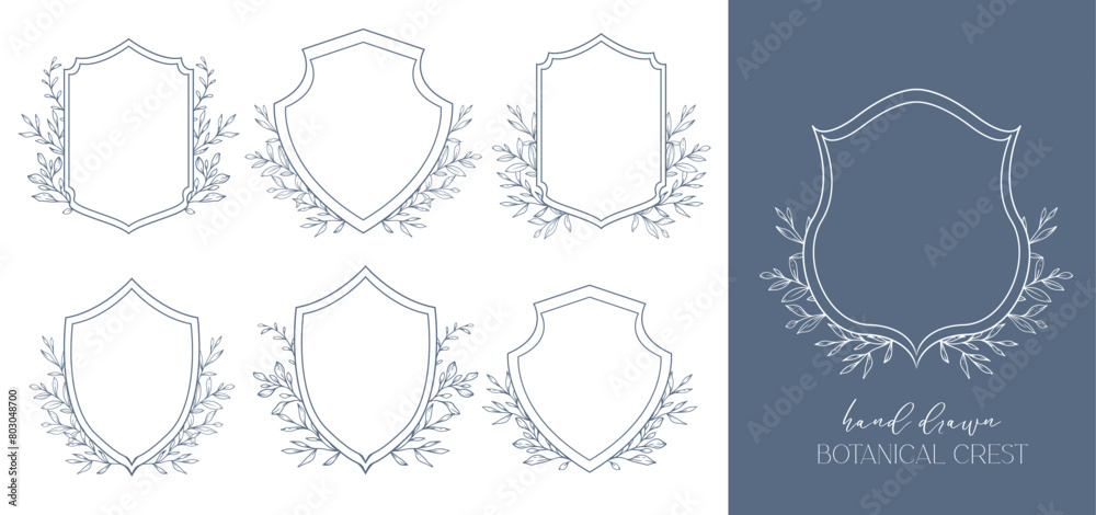 Wedding Crest floral Line Art Design. Botanical Crest Line Drawing ...