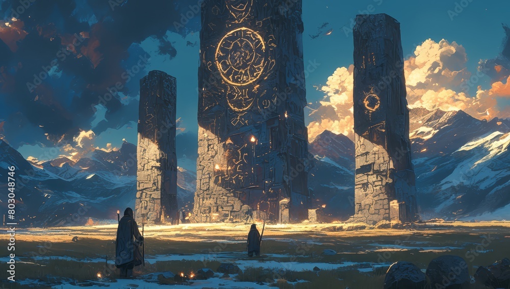 concept art of tall stone pillars with runes carved into them, there is ...
