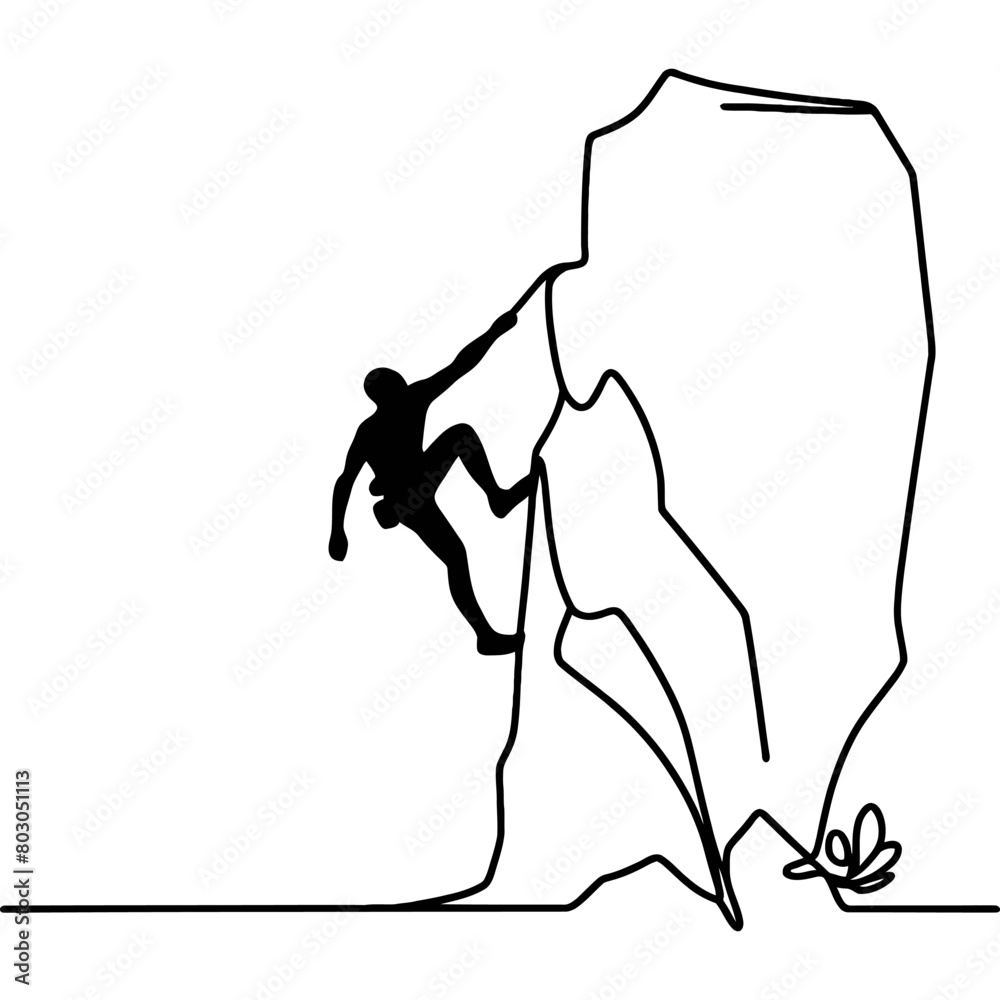 One line drawing of a female climber hanging from the top of a mountain ...