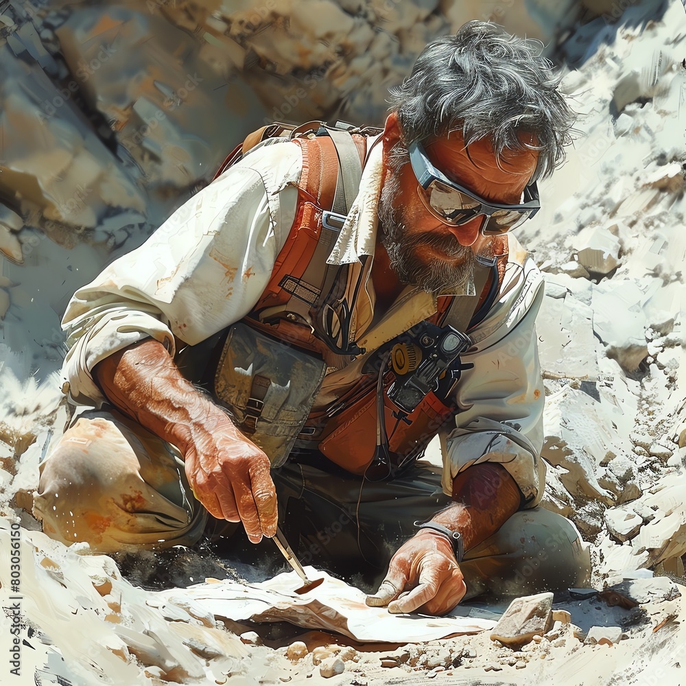 An archaeologist carefully brushes away the dirt from an ancient ...