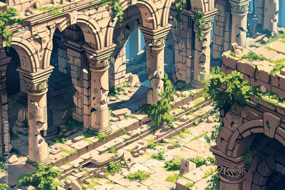The sun casts sharp shadows over isometric ruins, creating a dramatic ...