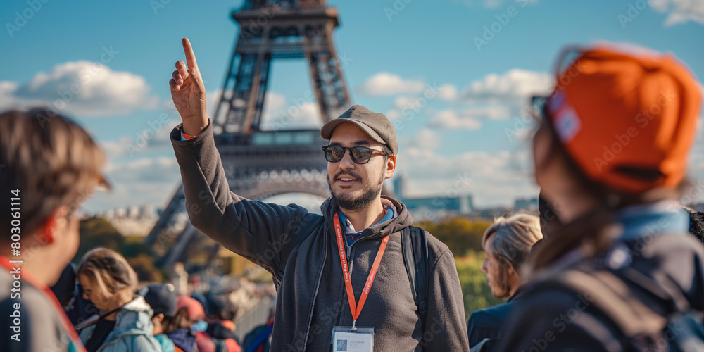 Tour guide leading a group of visitors to tourist attractions, giving ...