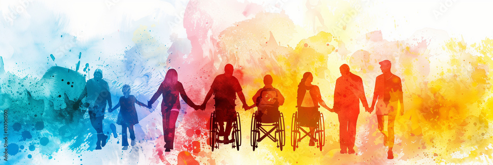 Colorful art watercolor painting depicts a diverse group of ...