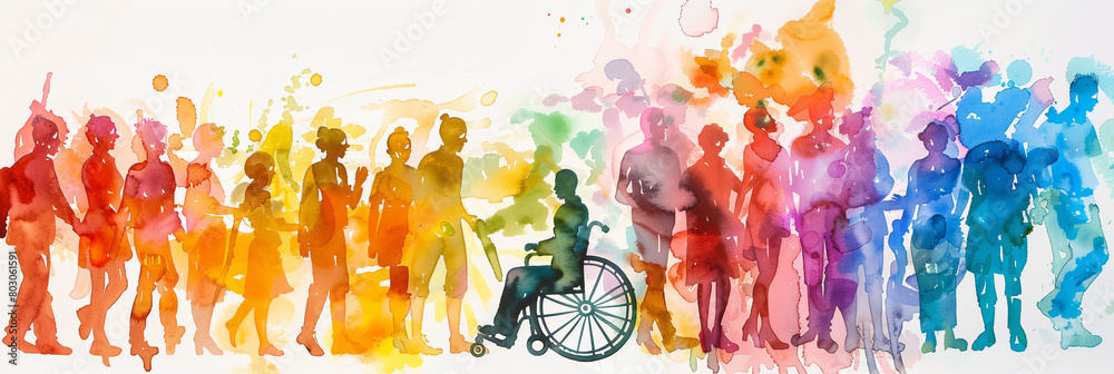 Colorful art watercolor painting depicts a diverse group of ...