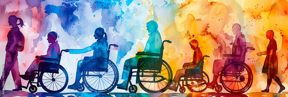 Colorful art watercolor painting depicts a diverse group of ...