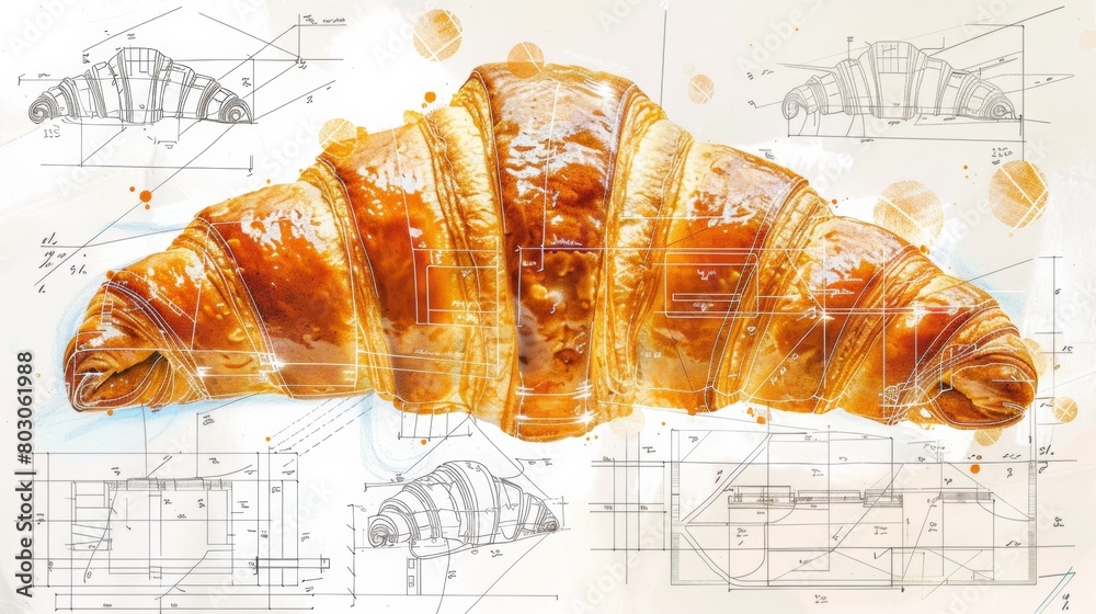 The image shows a detailed illustration of a croissant with engineering ...