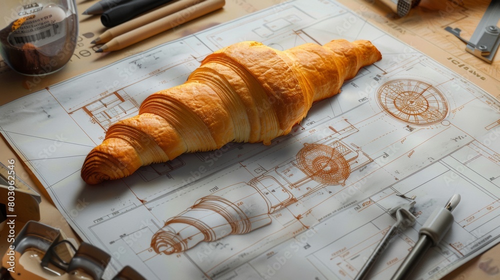 A freshly baked croissant sits atop technical drawings, blending ...