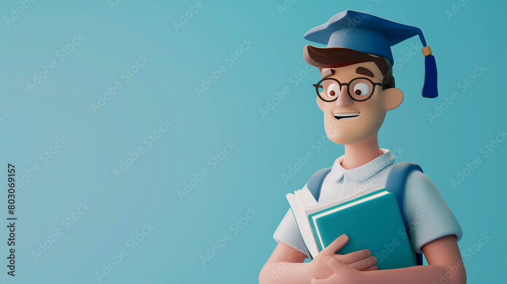 copy space, 3D render of a cartoon character student wearing a ...